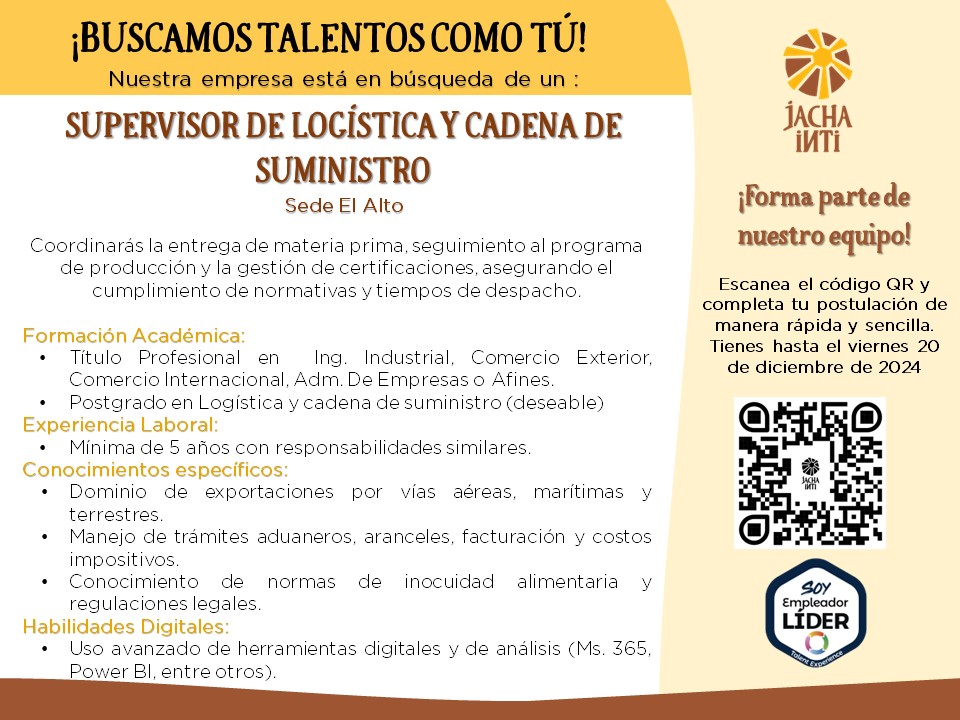 SUPERVISOR DE LOGISTICA Y CADENA DE SUMINISTRO [fecha_de_publicación] - Jobhunters